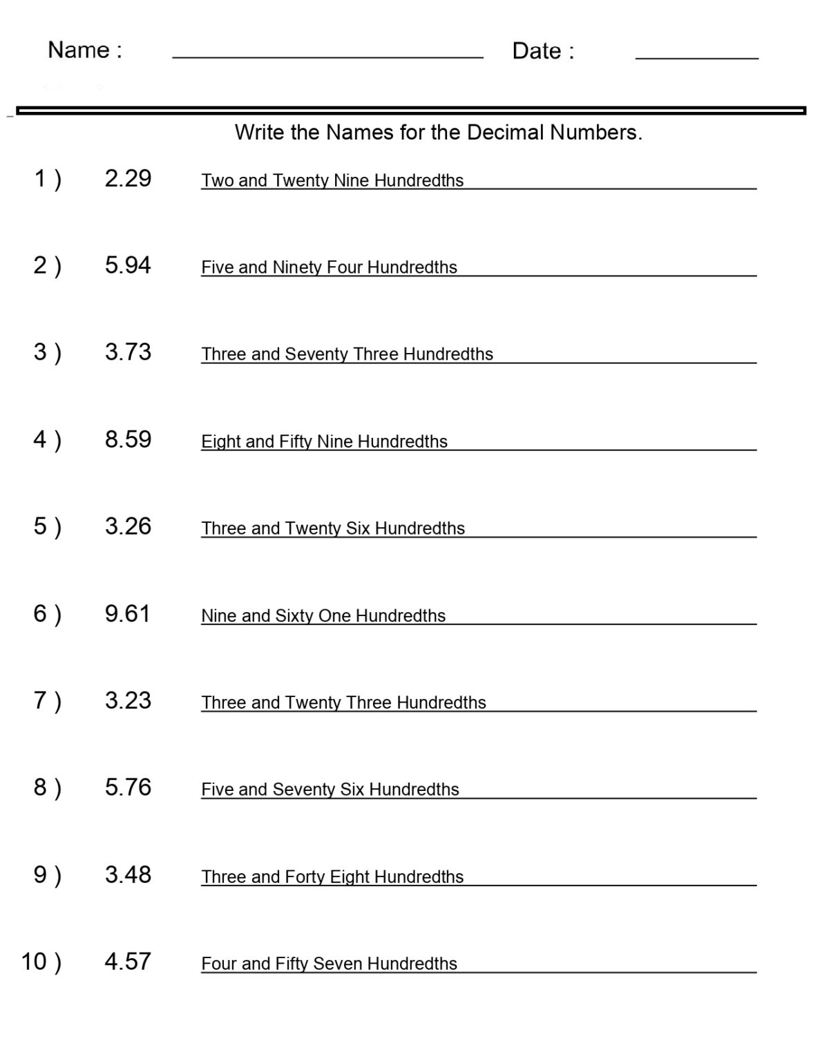 Place Value Worksheets Word Names for Decimal Numbers Worksheets 2 ...