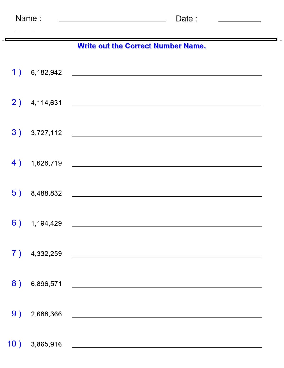 Word Names for Numbers in the Billions Worksheets 7 Digits 8 Digits ...