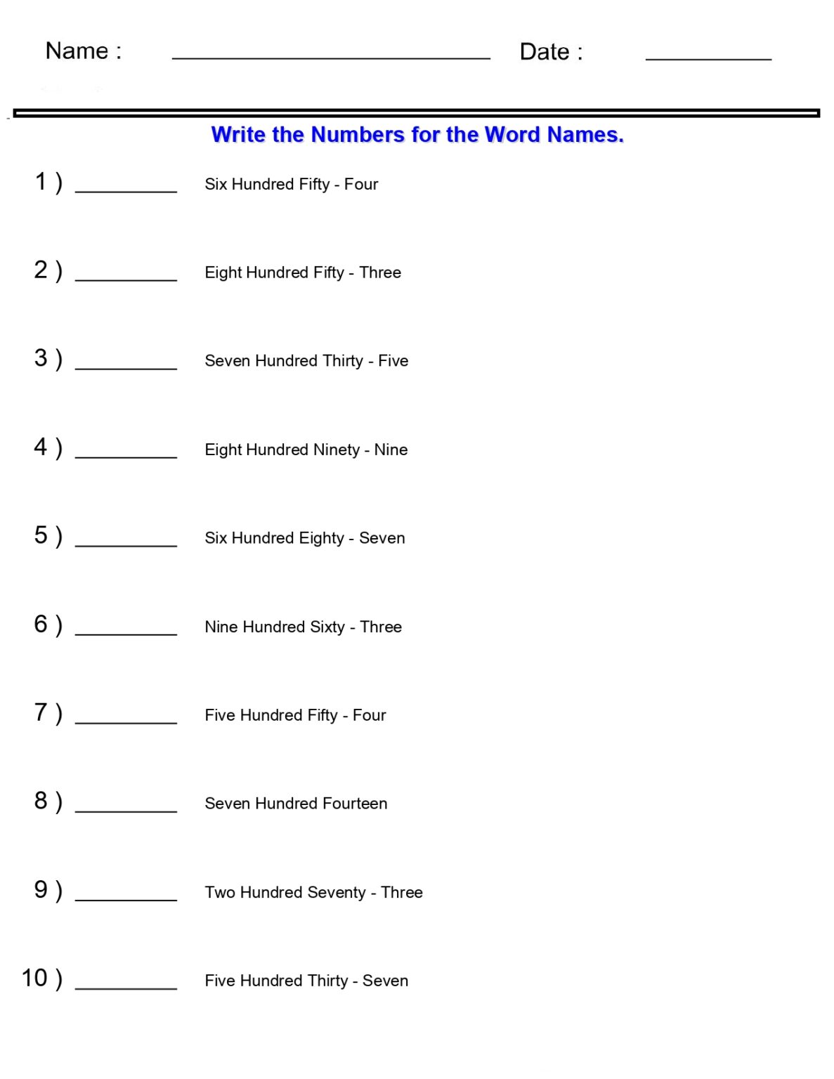 Place Value Worksheets Numbers for Word Names Worksheets 3 Digits 4 ...