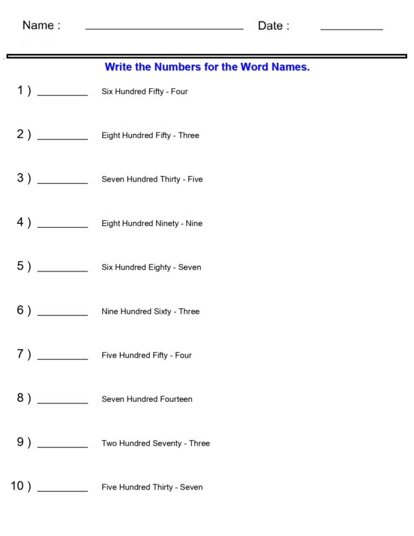 Place Value Worksheets Numbers for Word Names Worksheets 3 Digits 4 ...