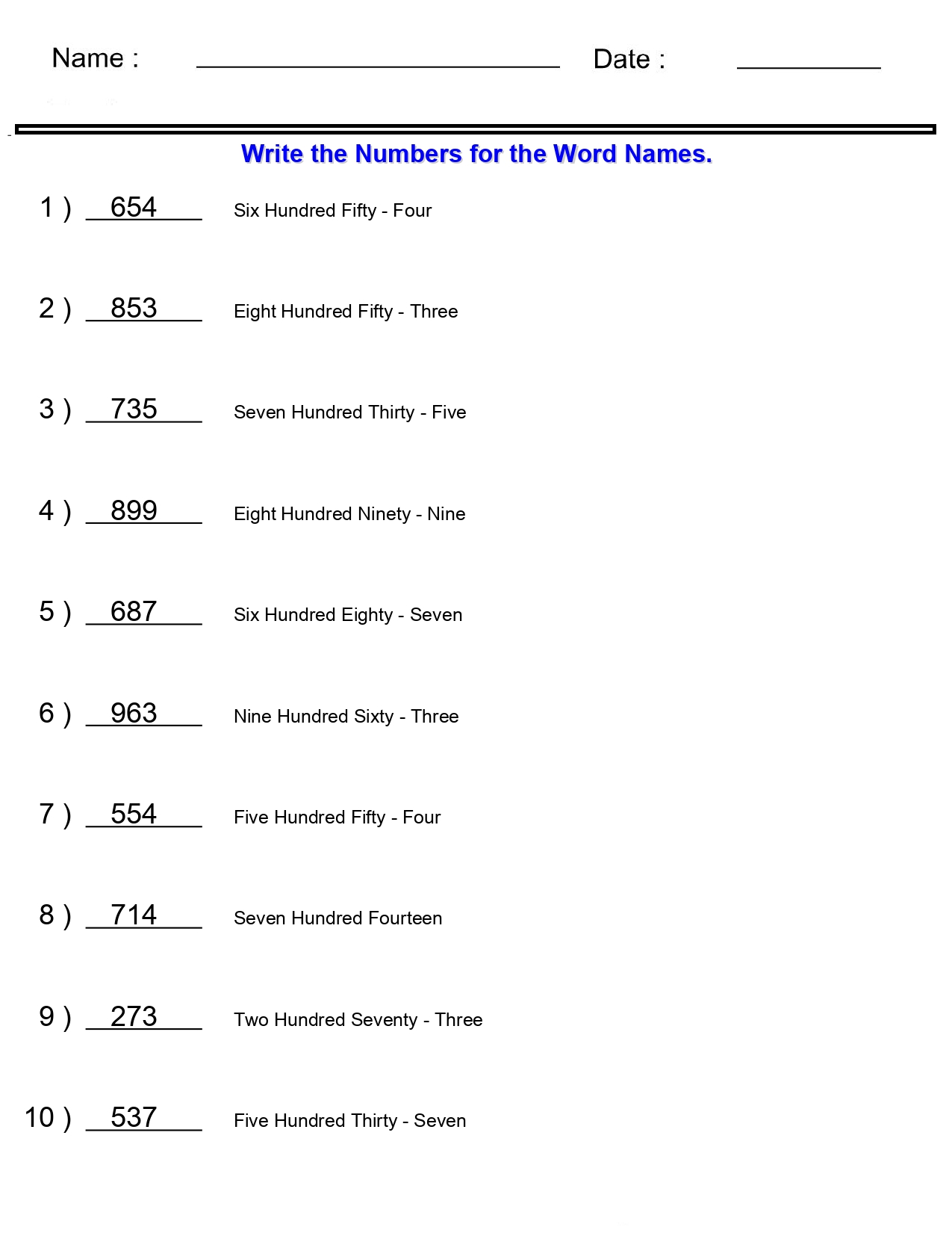 Place Value Worksheets Numbers for Word Names Worksheets 3 Digits 4 ...
