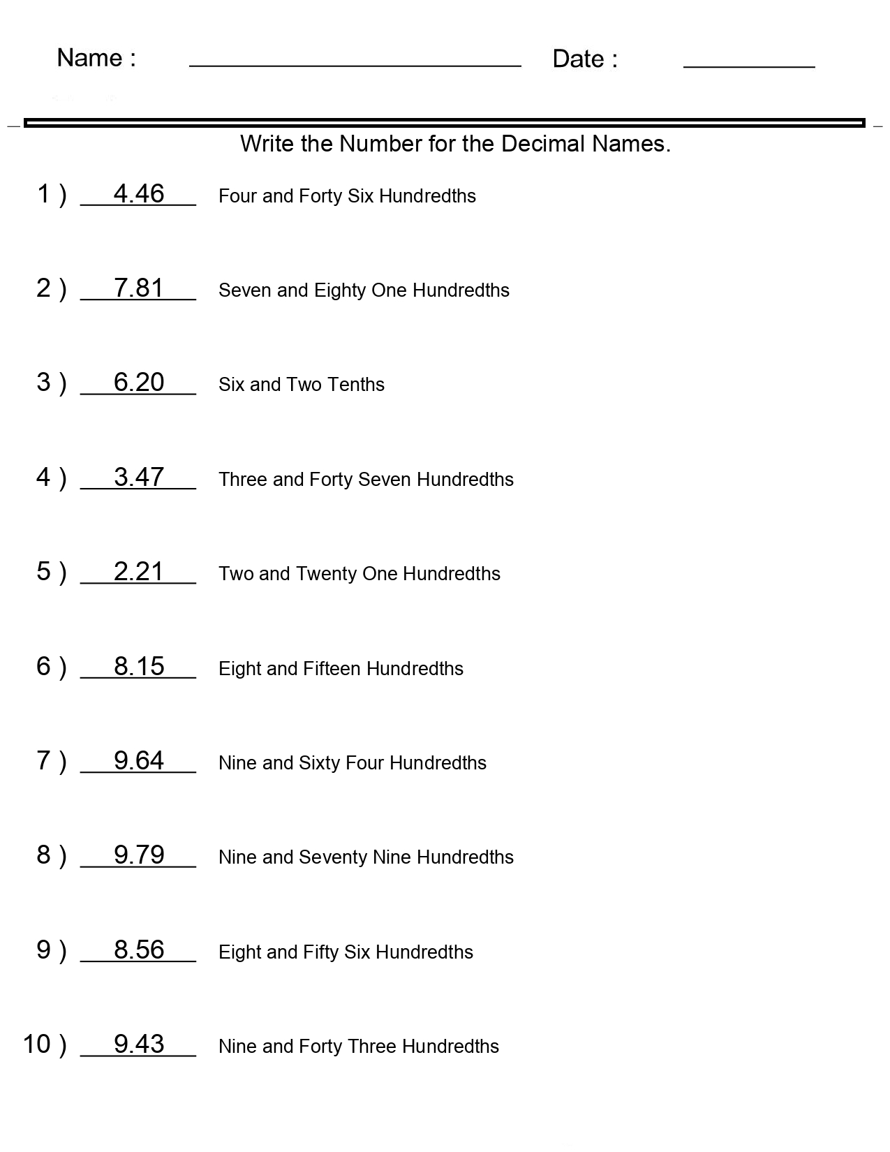 Place Value Worksheets Decimal Numbers for Word Names Worksheets | Made ...