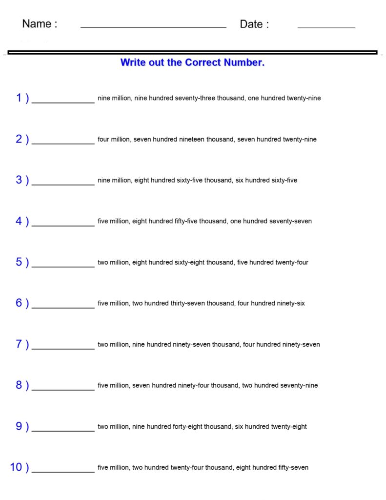 Place Value Worksheets Numbers in the Billions for Word Names 7 Digits ...