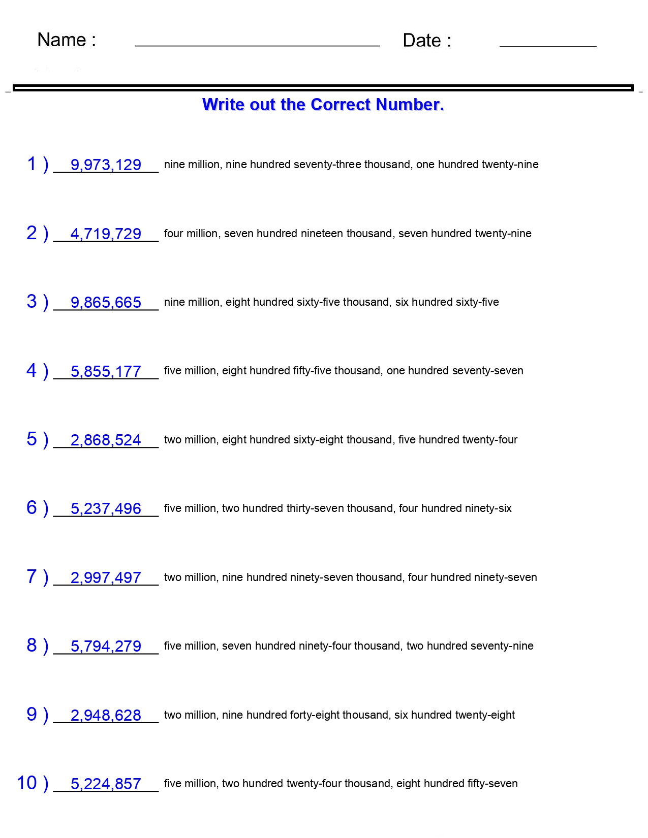 Place Value Worksheets Numbers in the Billions for Word Names 7 Digits ...