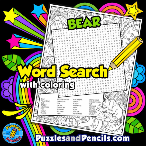 Bear Word Search Puzzle with Coloring | Wildlife Wordsearch | Made By ...