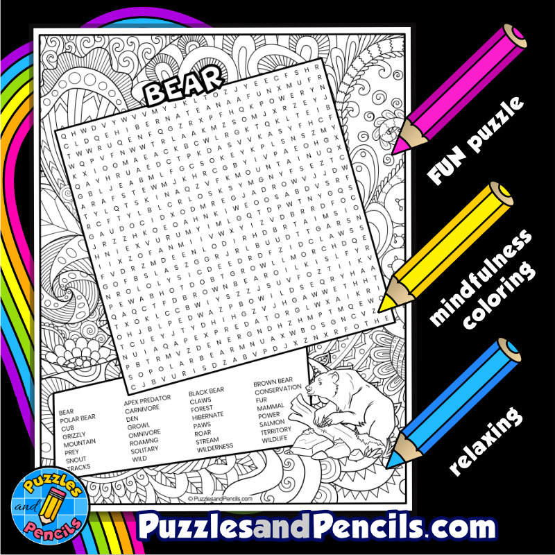 Bear Word Search Puzzle with Coloring | Wildlife Wordsearch | Made By ...
