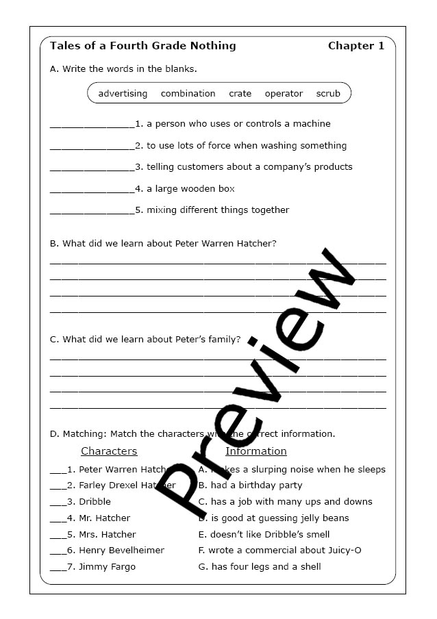 Judy Blume "Tales of a Fourth Grade Nothing" worksheets | Made By Teachers