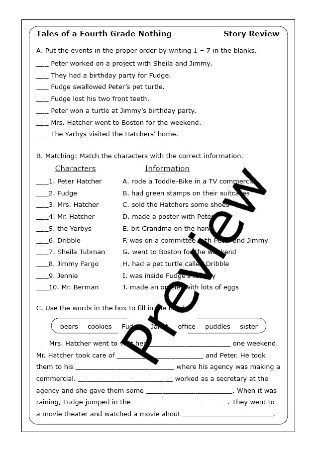 Judy Blume "Tales of a Fourth Grade Nothing" worksheets | Made By Teachers