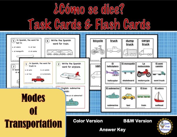 Spanish Flash Cards and Task Cards - Transportation | Made By Teachers