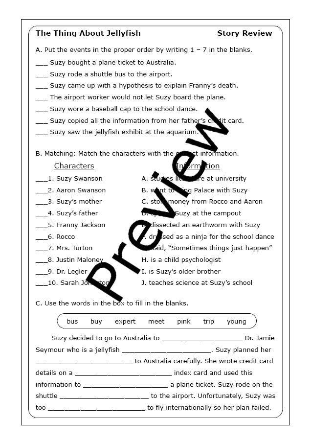 Ali Benjamin "The Thing About Jellyfish" worksheets | Made By Teachers