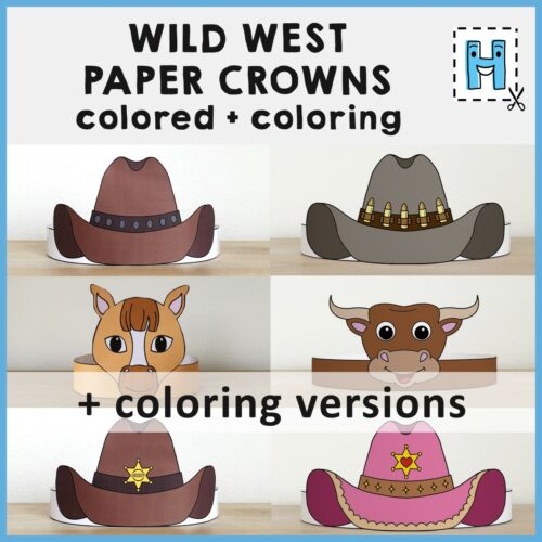 Wild West Paper Crowns Headbands Hats Printable Cowboy Craft Coloring ...