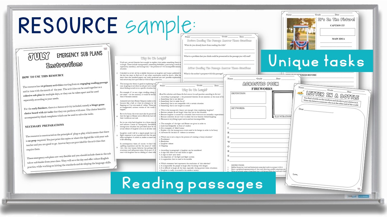 July Emergency Sub Plans Middle School ELA Mini Lessons - Print and ...