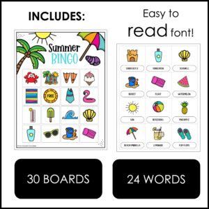 Summer Vacation Bingo - End of the Year Party Game - Summer Vocabulary ...