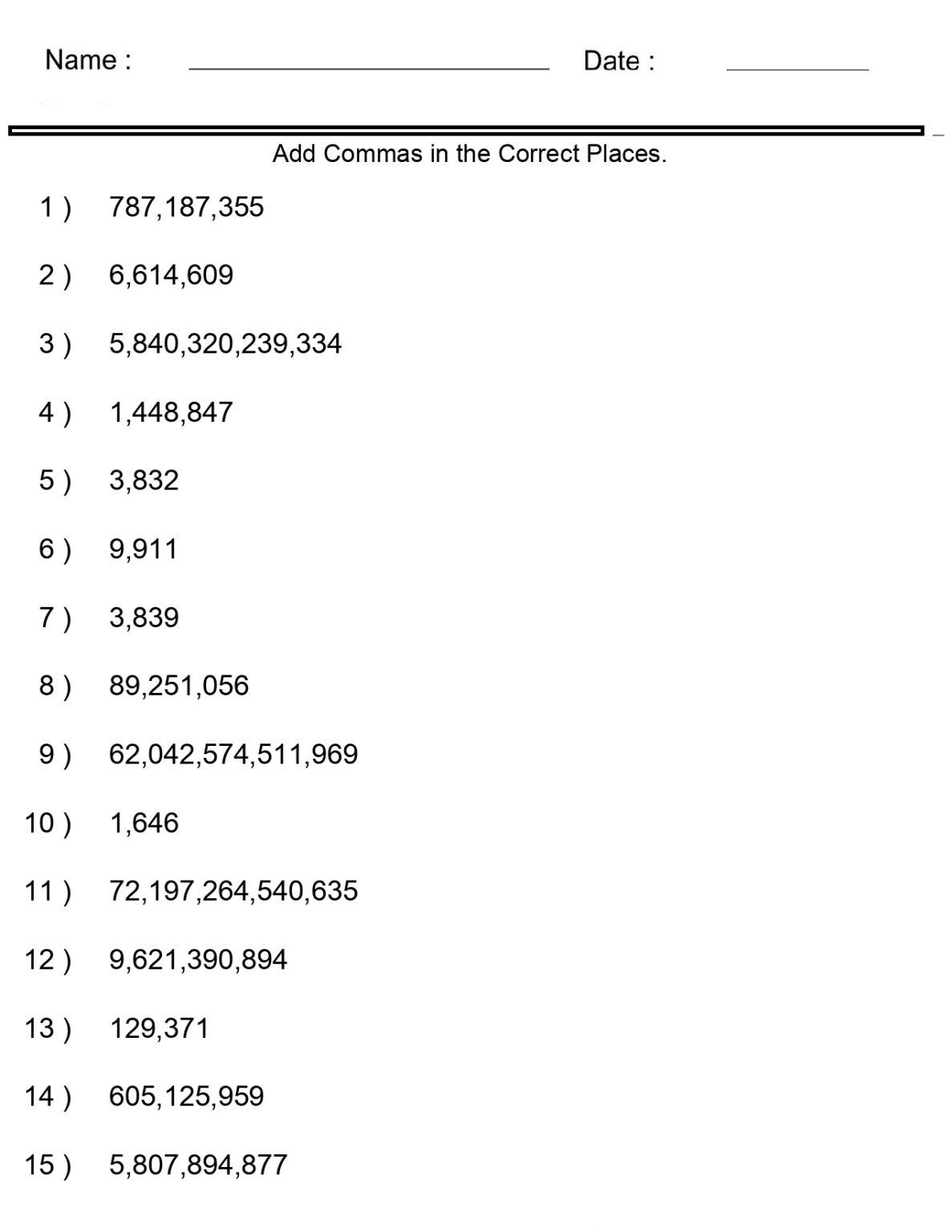 Place Value Worksheets Adding Commas - Add Commas in the Correct Places ...
