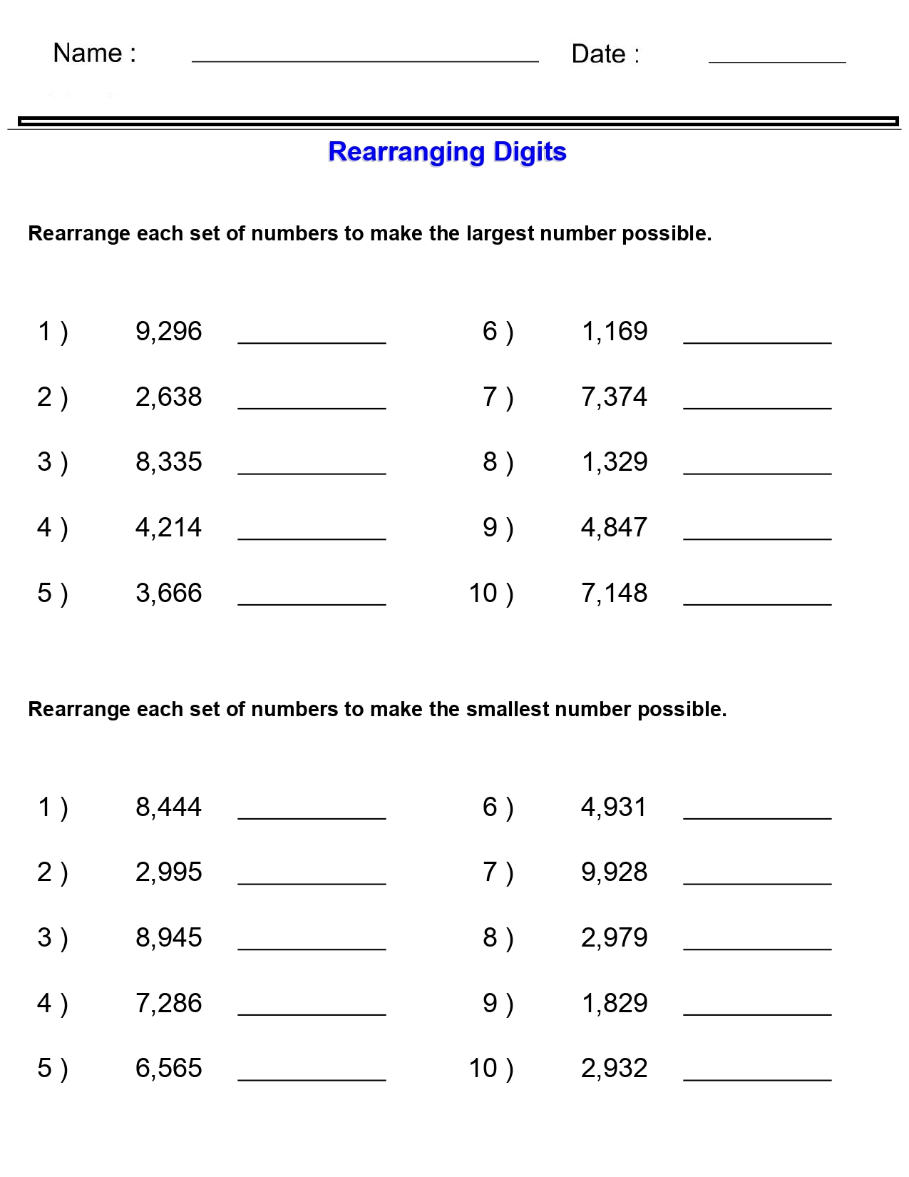 Place Value Worksheets Rearranging Digits Worksheets | Made By Teachers