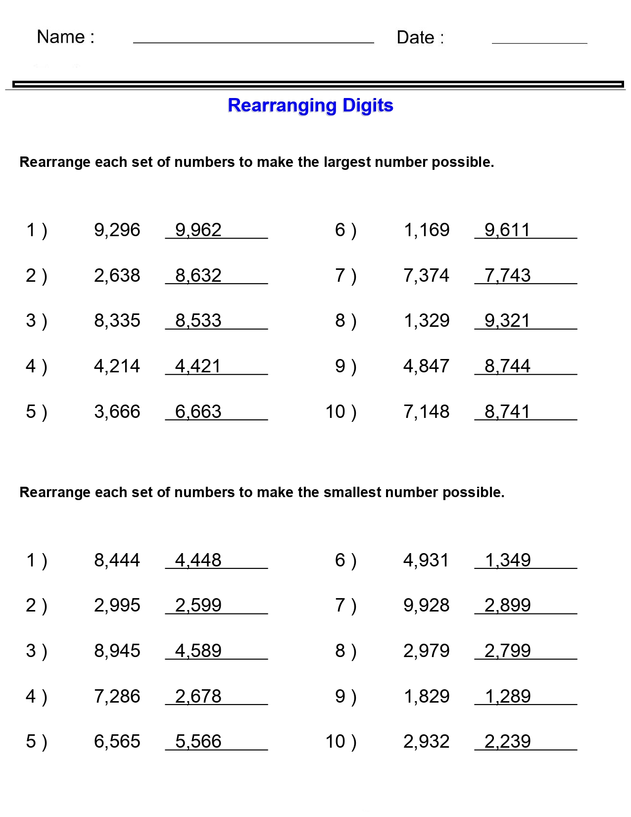 Place Value Worksheets Rearranging Digits Worksheets | Made By Teachers