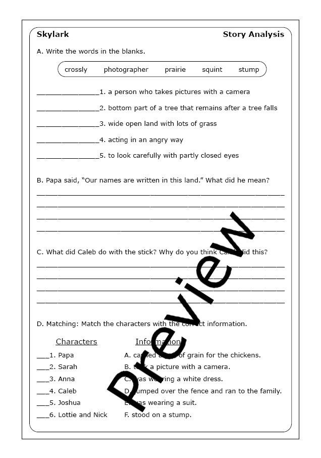 Patricia MacLachlan "Skylark" worksheets | Made By Teachers