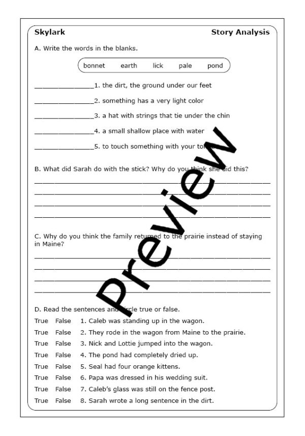 Patricia MacLachlan "Skylark" worksheets | Made By Teachers