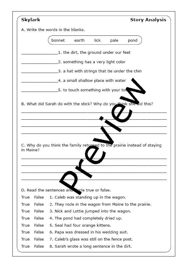 Patricia MacLachlan "Skylark" worksheets | Made By Teachers