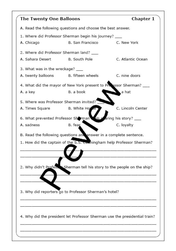 William Pene du Bois "The Twenty One Balloons" worksheets | Made By ...