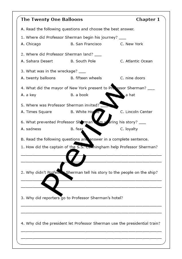 William Pene du Bois "The Twenty One Balloons" worksheets | Made By ...