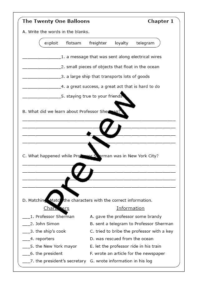 William Pene du Bois "The Twenty One Balloons" worksheets | Made By ...
