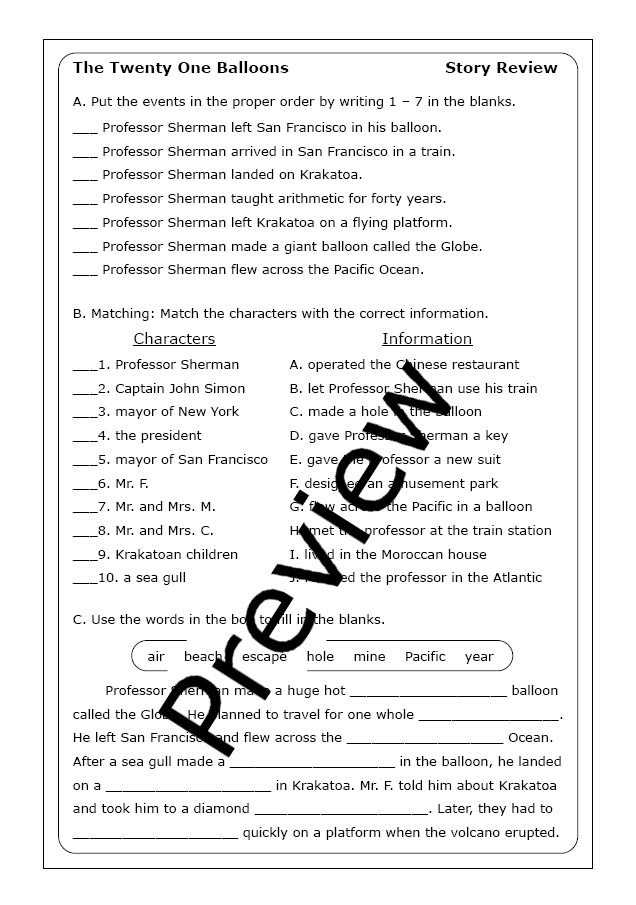 William Pene du Bois "The Twenty One Balloons" worksheets | Made By ...