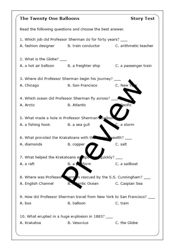 William Pene du Bois "The Twenty One Balloons" worksheets | Made By ...