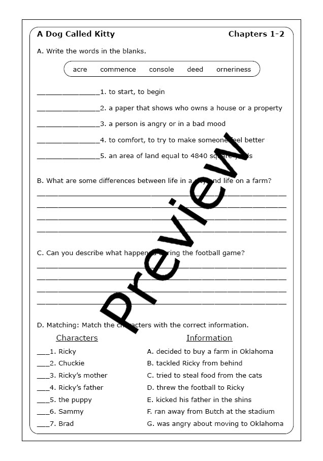 Bill Wallace "A Dog Called Kitty" worksheets | Made By Teachers