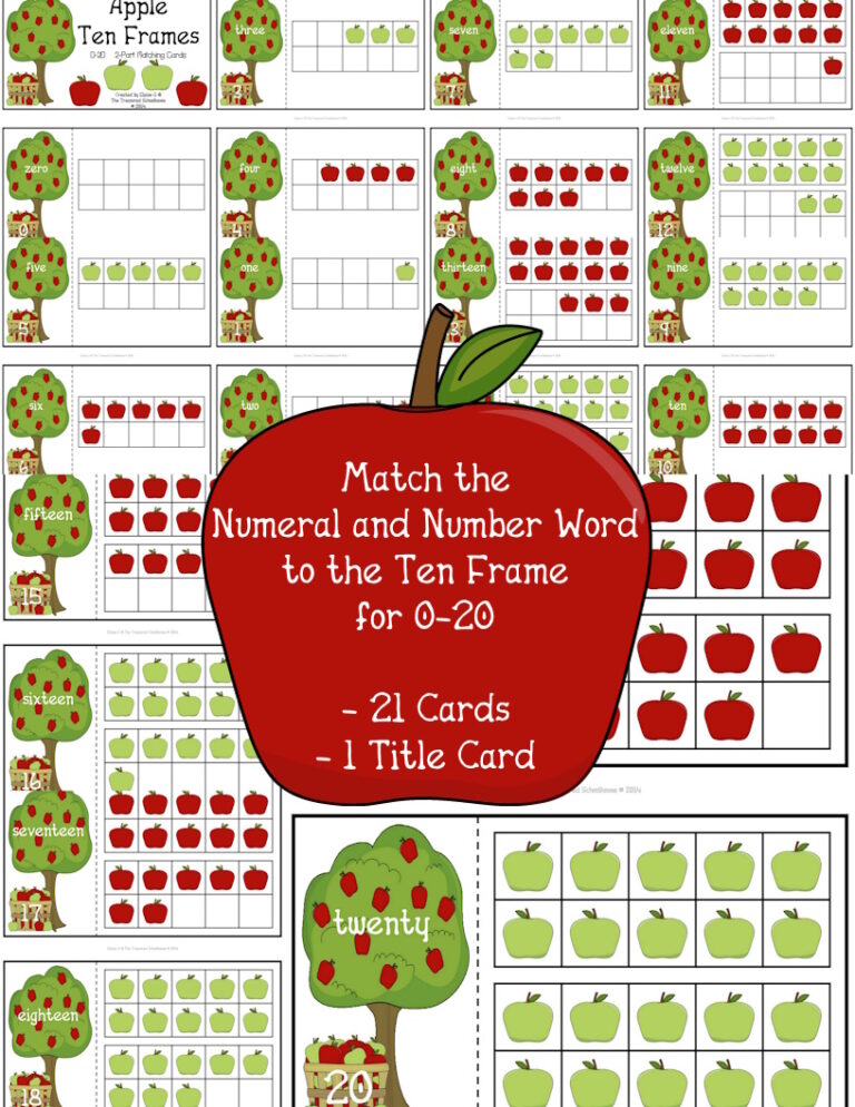 Ten Frame Matching Cards and Worksheets for 0-20 with Apples | Made By ...