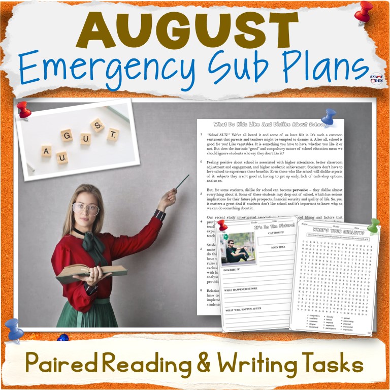 August Emergency Sub Plans Middle School ELA Mini Lessons - Print and ...