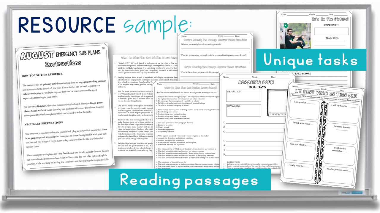 August Emergency Sub Plans Middle School ELA Mini Lessons - Print and ...
