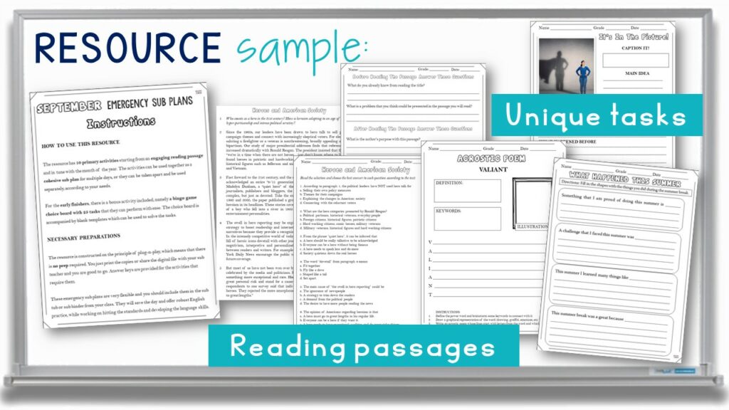 September Emergency Sub Plans Middle School ELA Mini Lessons - Print ...