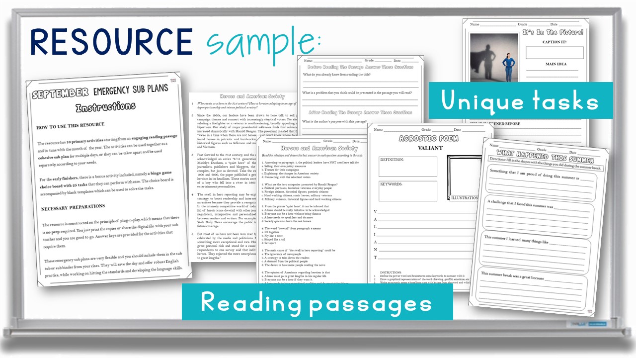 September Emergency Sub Plans Middle School ELA Mini Lessons - Print ...