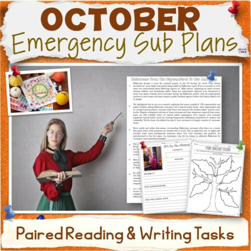 October Emergency Sub Plans Middle School ELA Mini Lessons - Print and ...