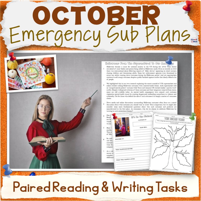 October Emergency Sub Plans Middle School ELA Mini Lessons - Print and ...