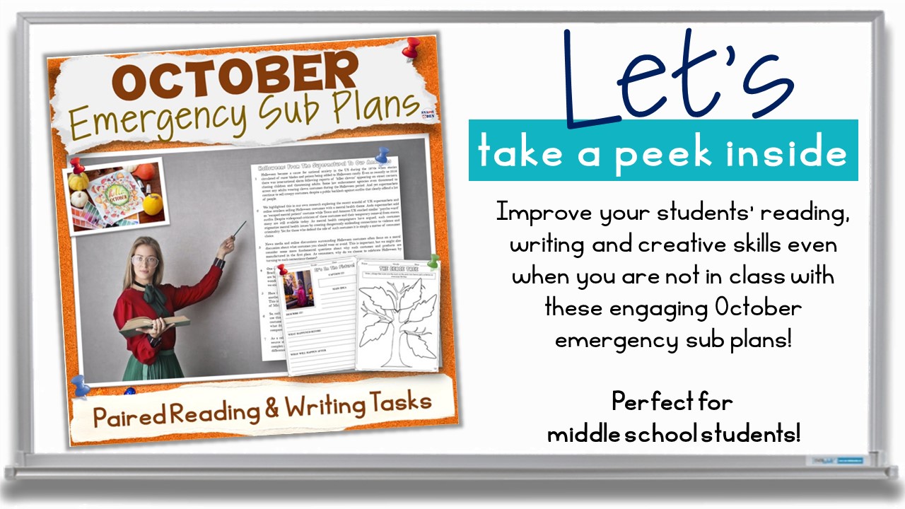 October Emergency Sub Plans Middle School ELA Mini Lessons - Print and ...