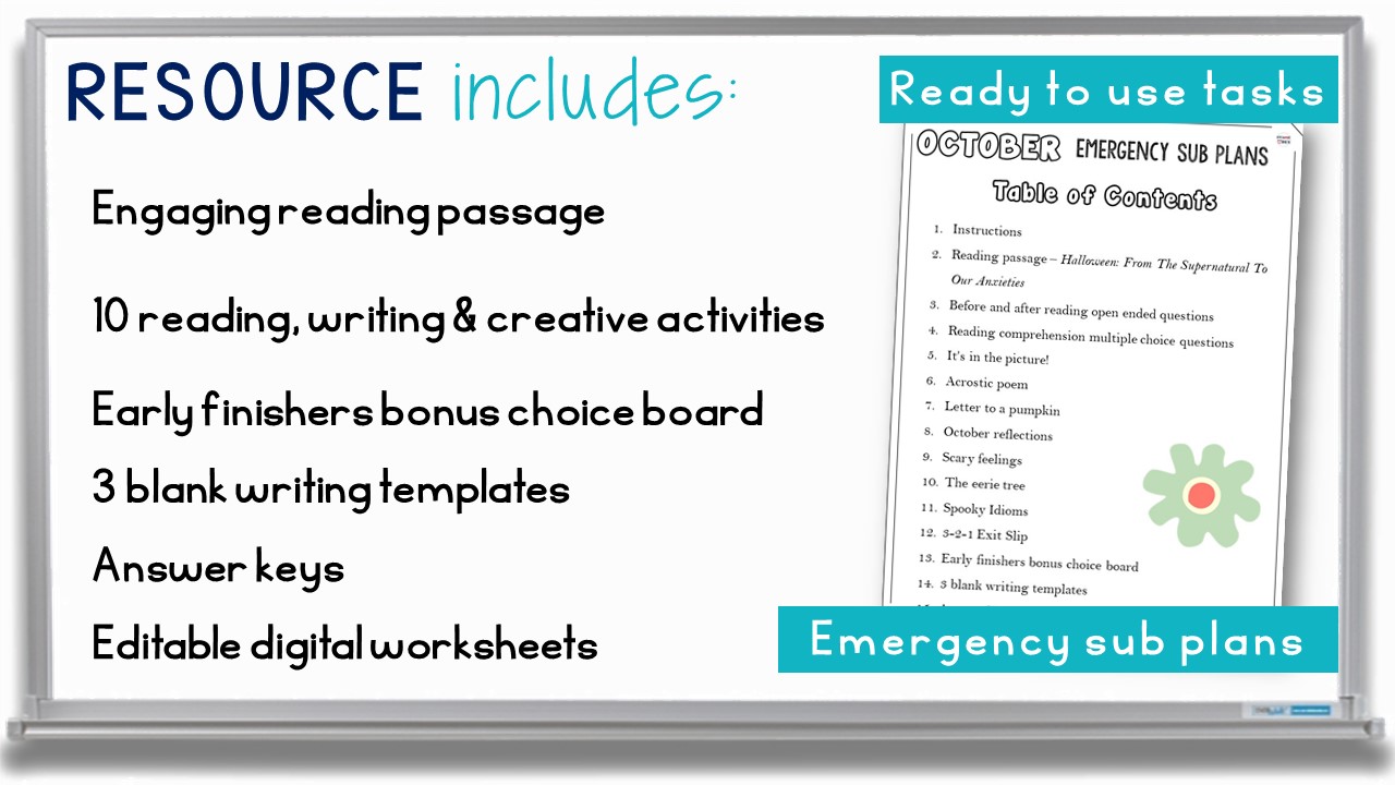 October Emergency Sub Plans Middle School ELA Mini Lessons - Print and ...