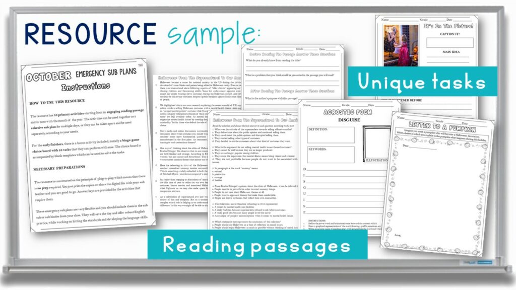 October Emergency Sub Plans Middle School ELA Mini Lessons - Print and ...