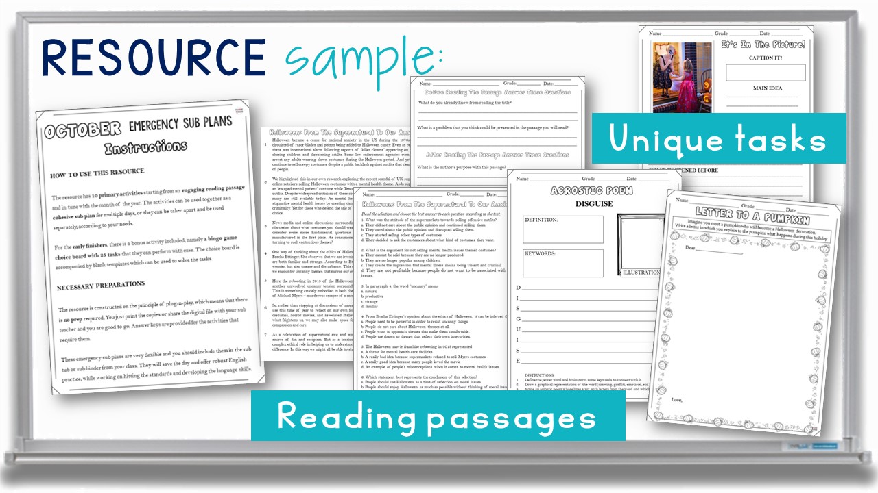 October Emergency Sub Plans Middle School ELA Mini Lessons - Print and ...