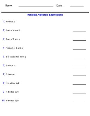 Algebraic Expressions -Translate Phrases Worksheets -One and Two Terms ...