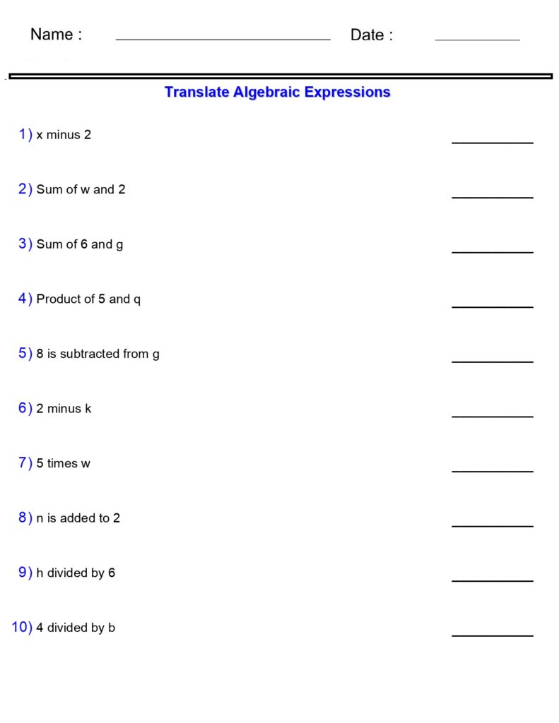 Algebraic Expressions -Translate Phrases Worksheets -One and Two Terms ...