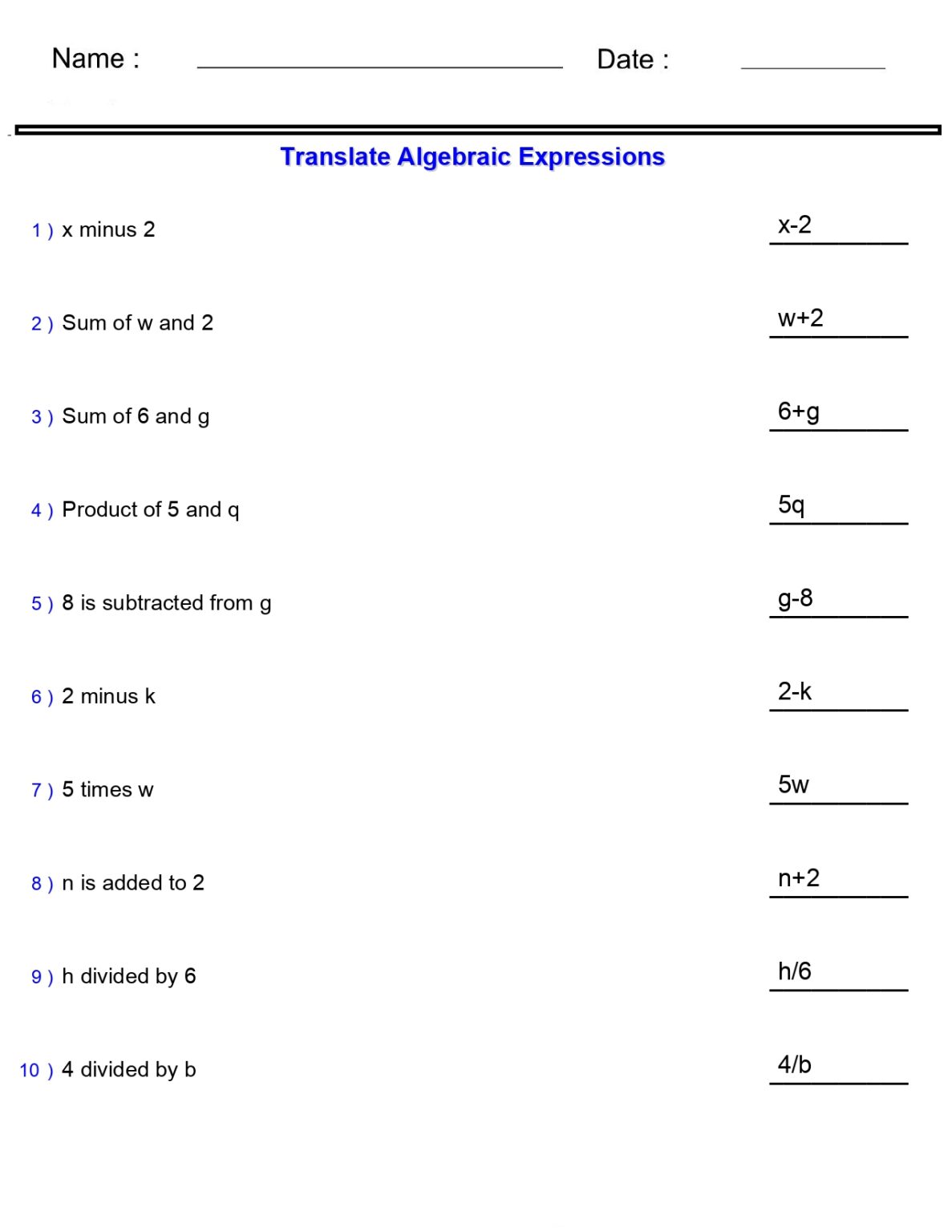 Algebraic Expressions -Translate Phrases Worksheets -One and Two Terms ...