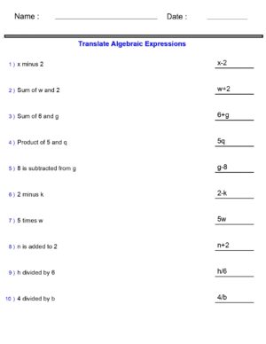 Algebraic Expressions -Translate Phrases Worksheets -One and Two Terms ...