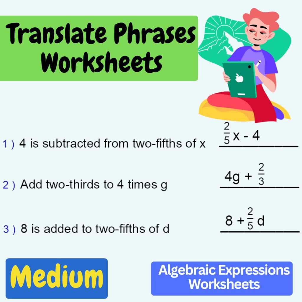 Algebraic Expressions -Translate Phrases Worksheets -Two Terms with ...