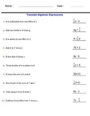 Algebraic Expressions -Translate Phrases Worksheets -Two Terms with ...