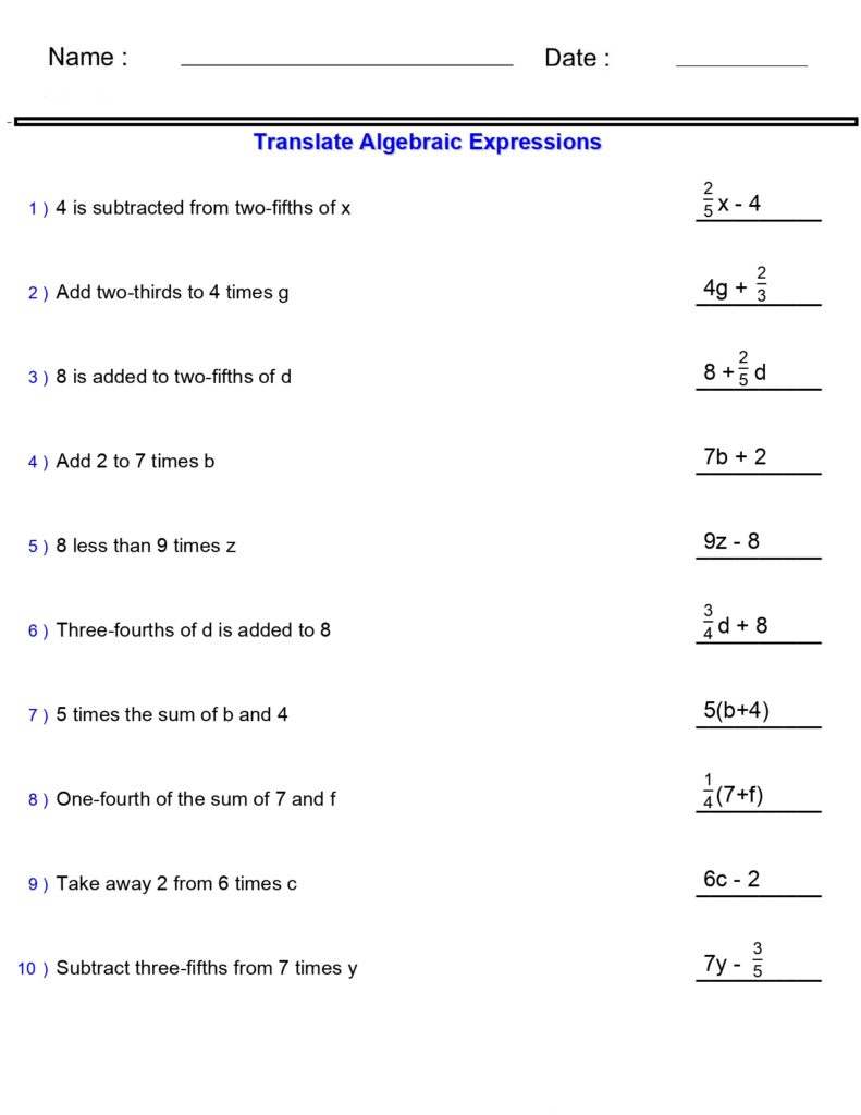 Algebraic Expressions -Translate Phrases Worksheets -Two Terms with ...