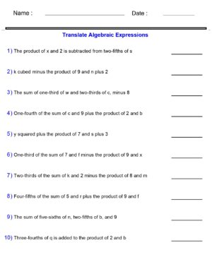 Algebraic Expressions -Translate Phrases Worksheets - Hard (Two and ...