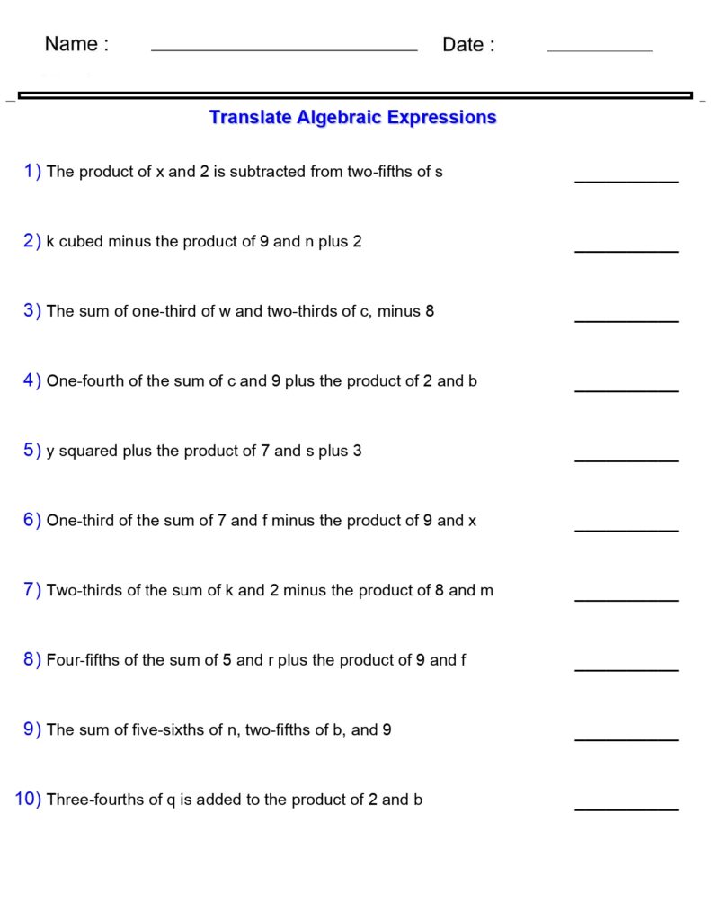 Algebraic Expressions -Translate Phrases Worksheets - Hard (Two and ...