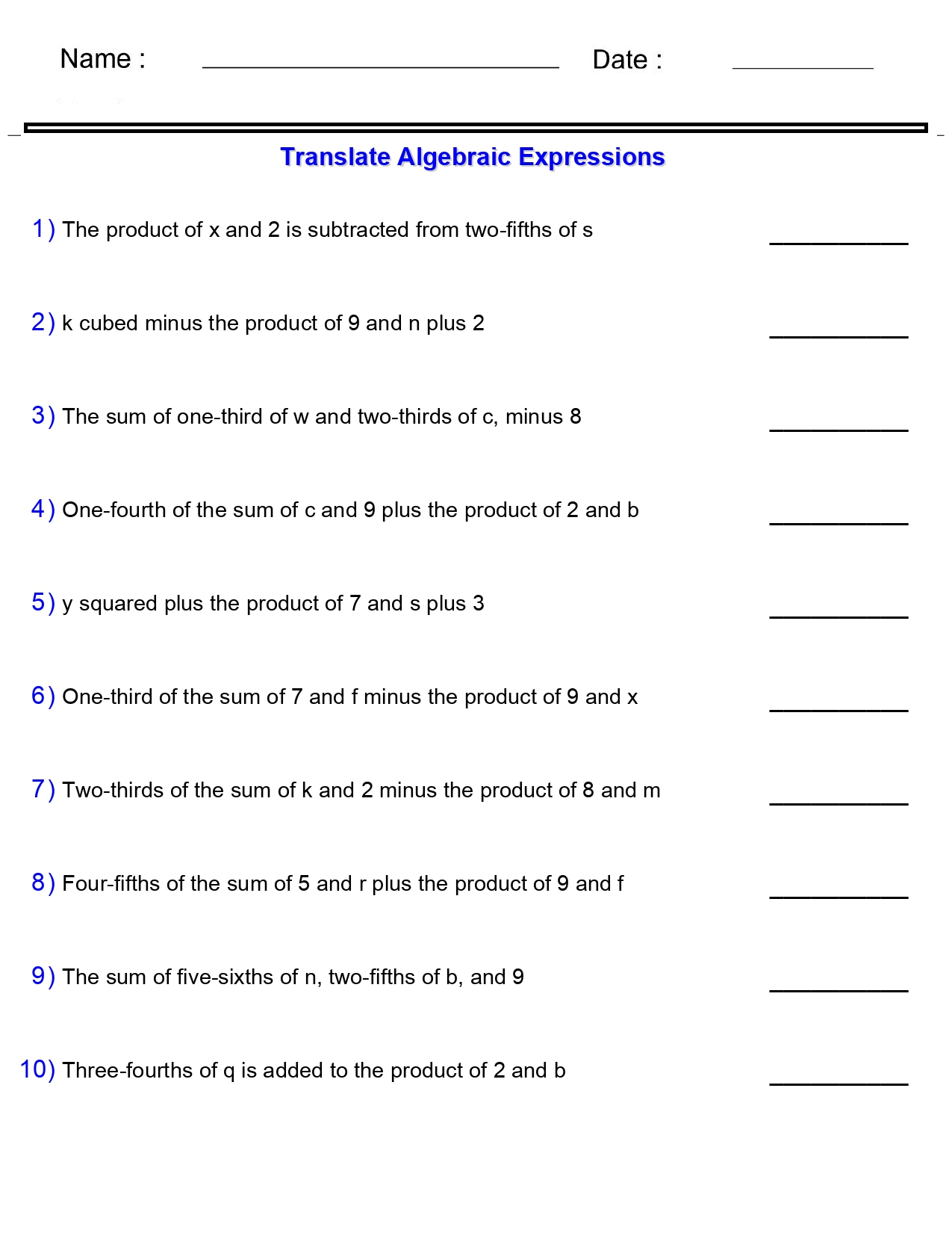 Algebraic Expressions -Translate Phrases Worksheets - Hard (Two and ...
